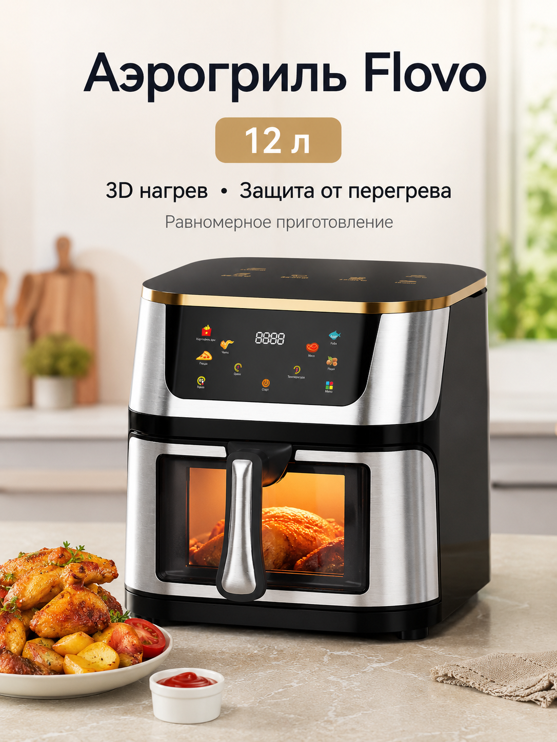 Аэрогриль Flovo 12л с 3D нагревом, защита от перегрева, равномерное приготовление