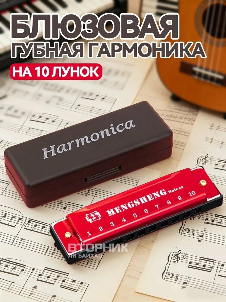 Блюзовая губная гармоника на 10 лунок-красная
