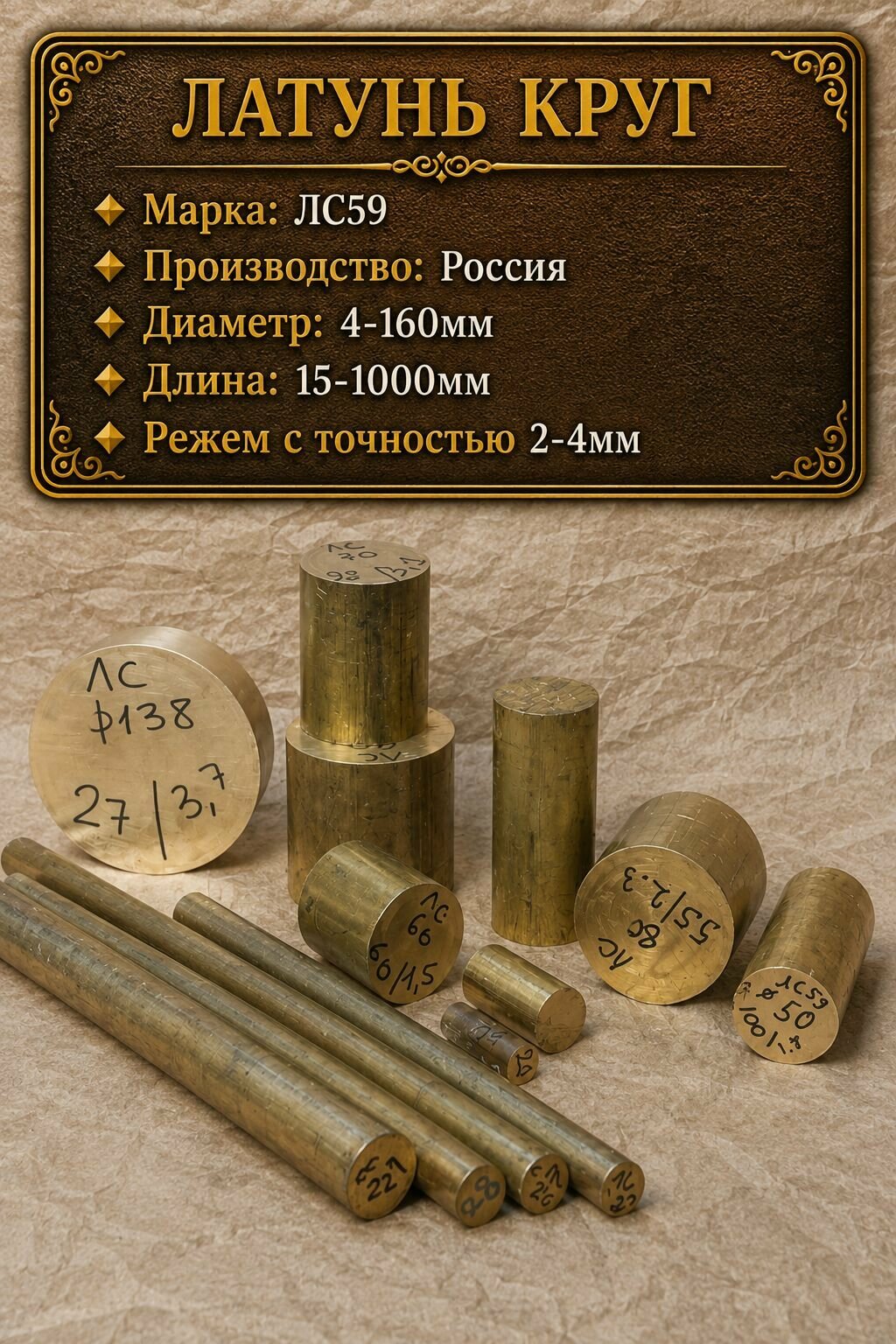 Латунь ЛС59-1, Латунный пруток, Круг, Стержень , Диаметр 50 мм, длина 50 мм