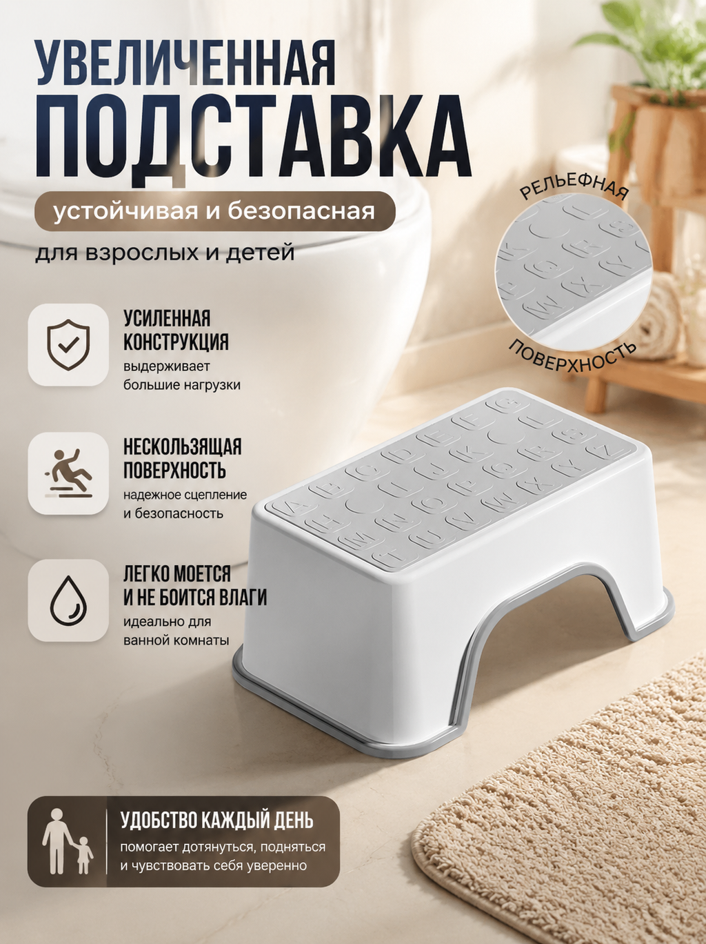 Табурет-подставка Полимербыт, 1 ступень, пластиковый подставной табурет для дома и ребенка, бело-серый, до 200 кг