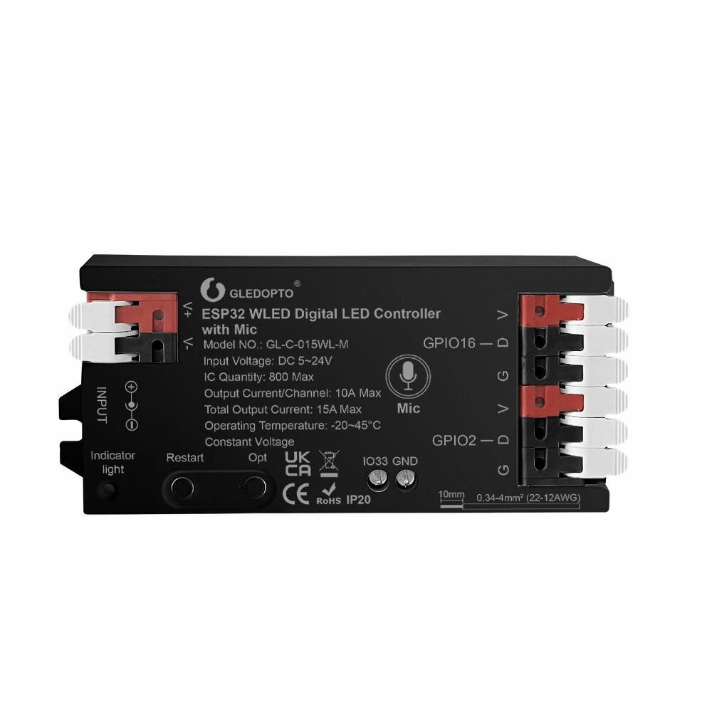 Контроллер светодиодов GLEDOPTO Black ESP32 WLED, встроенный микрофон, динамические режимы DIY-музыки, работает с адресуемой светодиодной лентой RGB IC, WS2811, WS2812, SK6812, WS2815 и т. д.