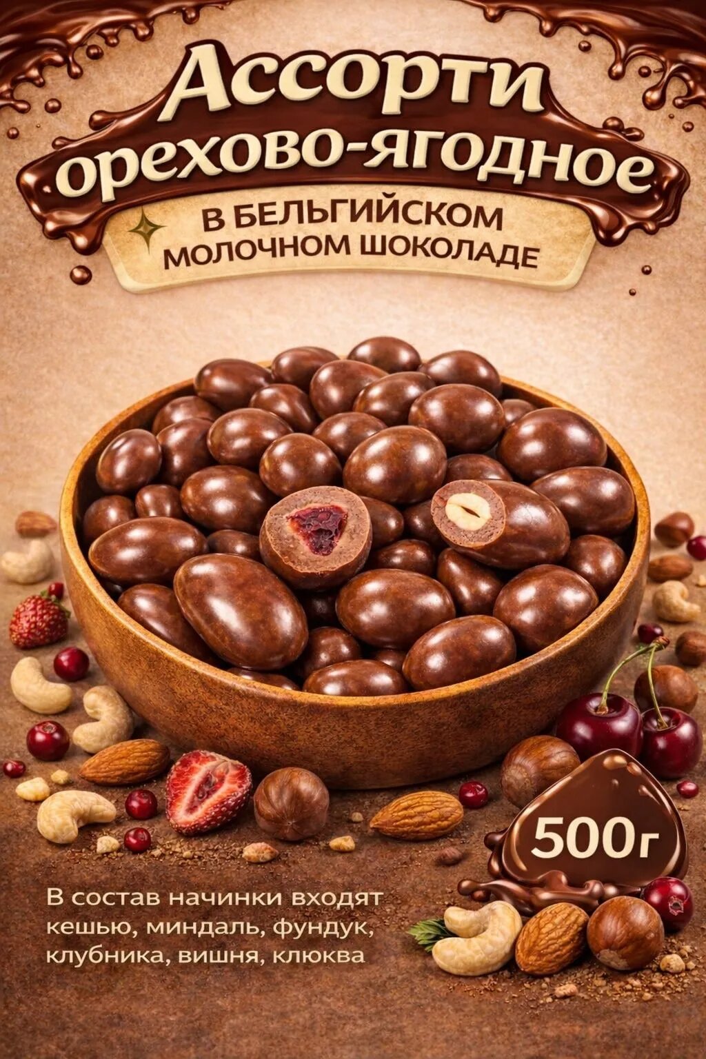 Ассорти орехово-ягодное (кешью, миндаль, фундук, клубника, вишня, клюква) в бельгийском молочном шоколаде 500 г