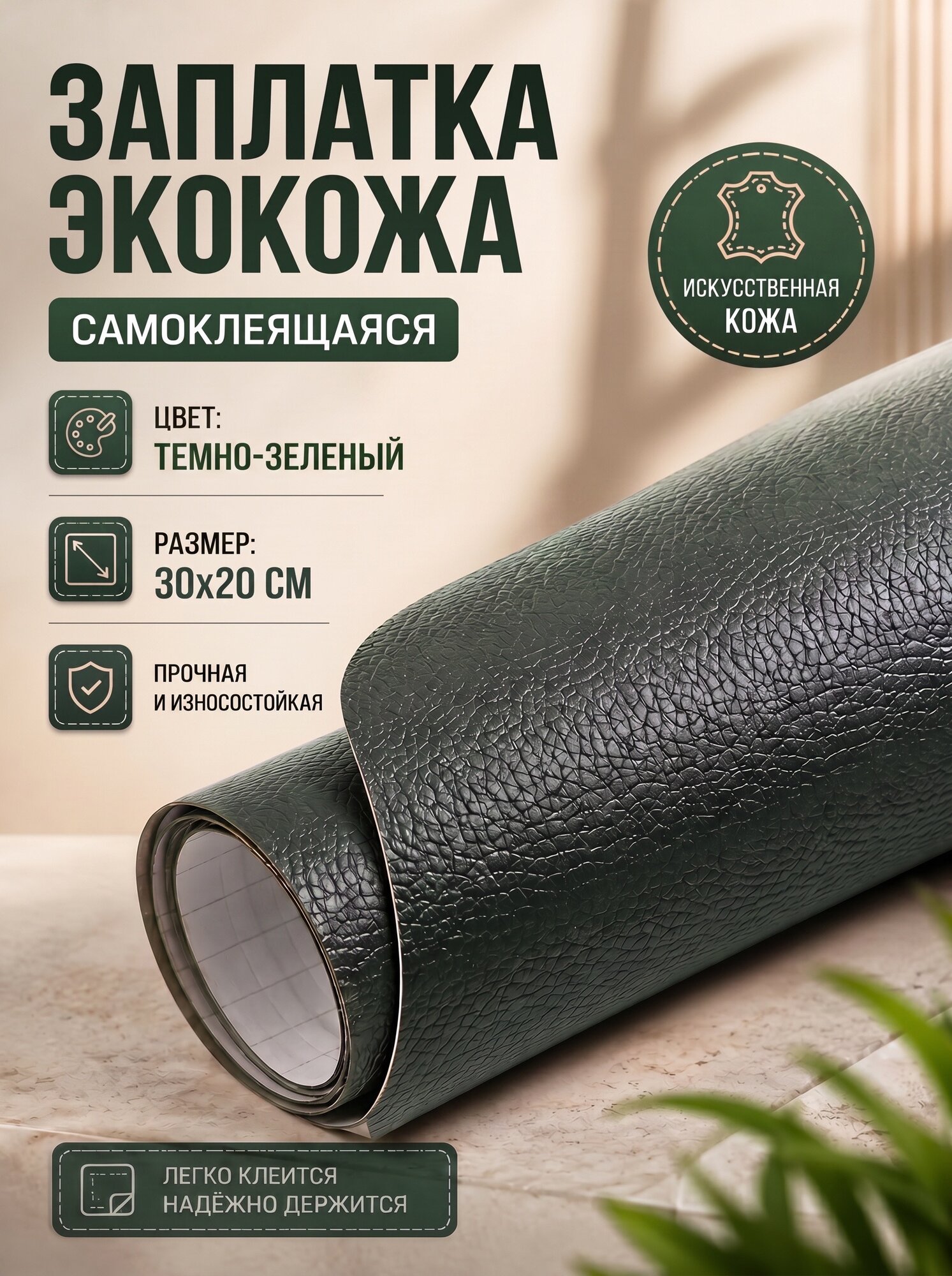 Заплатка/Наклейка для одежды из кожи, темно-зеленый