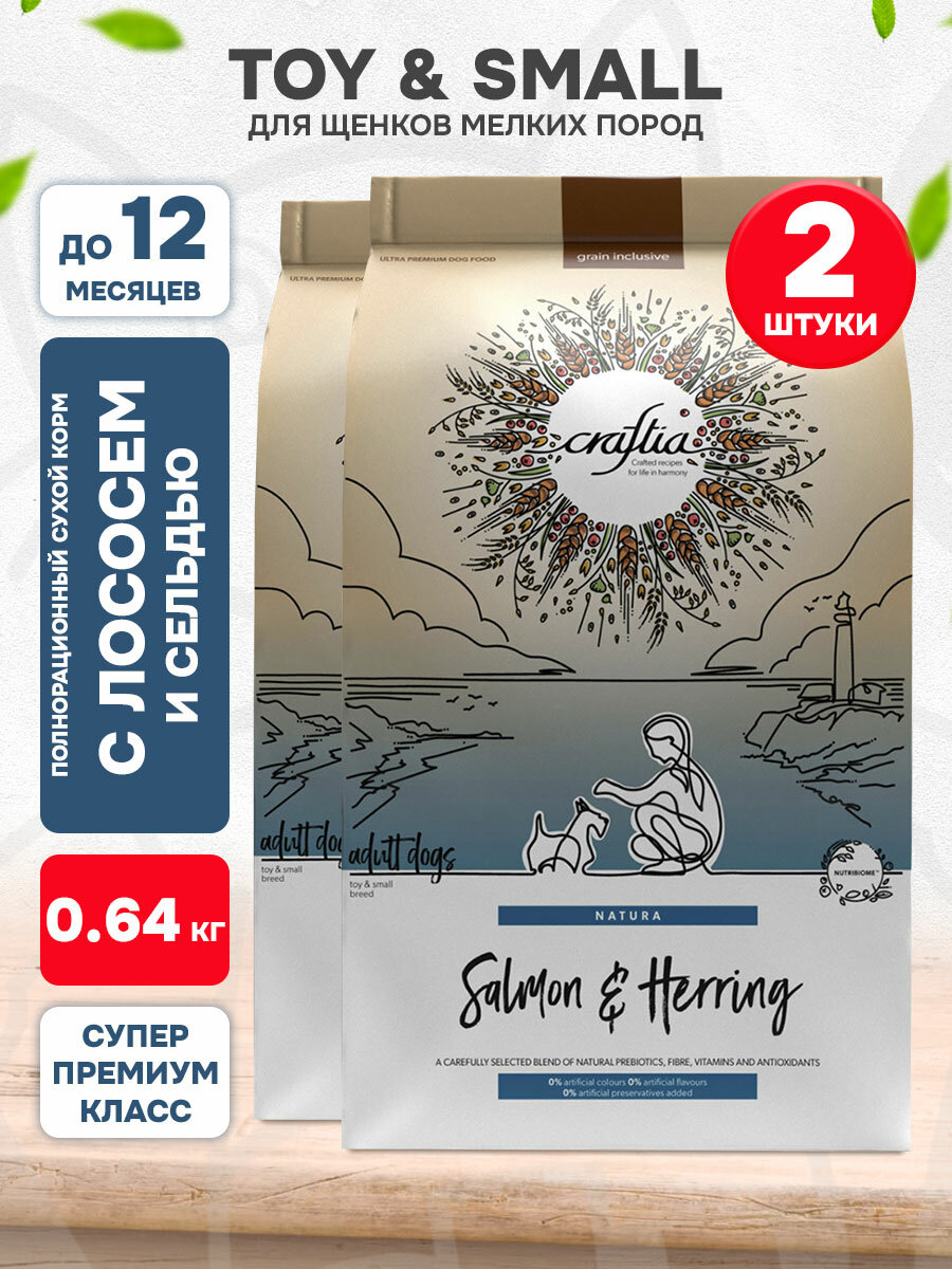 Корм сухой Craftia Natura Puppy Toy&Small Breed Salmon&Herring для щенков маленьких пород, лосось и сельдь, 0,64 кг х 2 шт