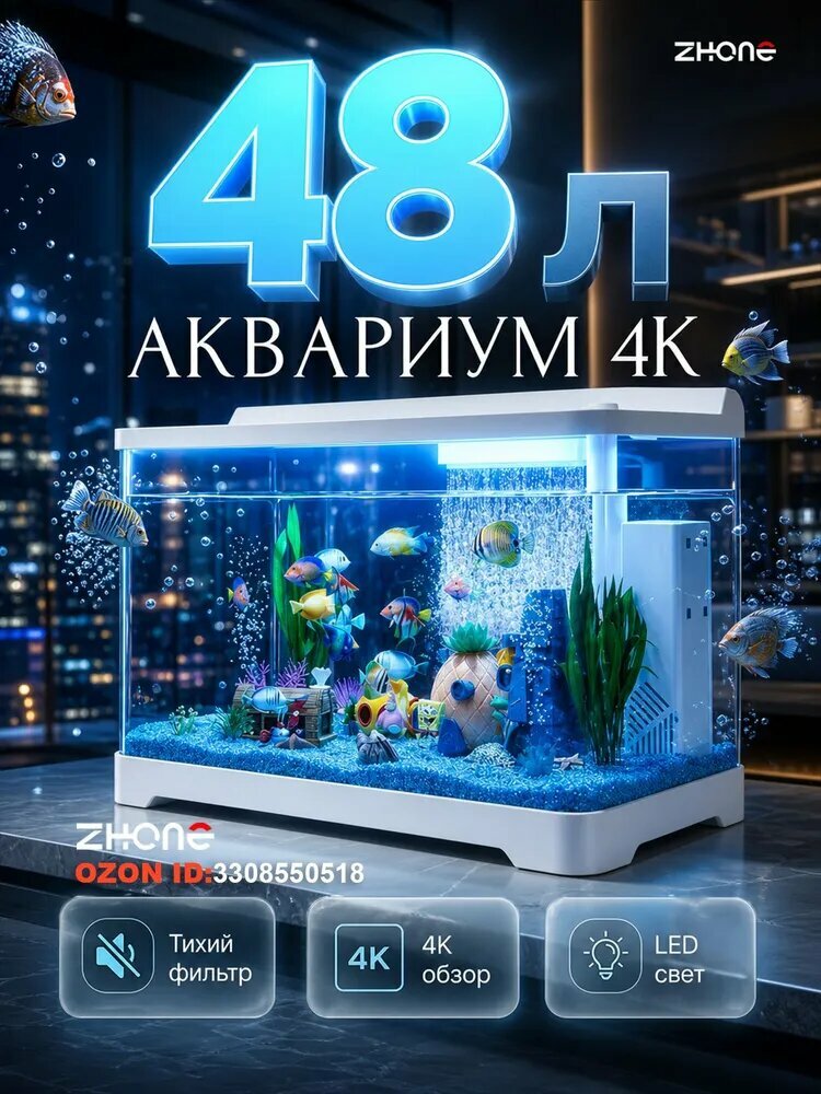 Аквариум ZHONE 48л акриловый с фильтром LED светом и комплектом 8 подарков