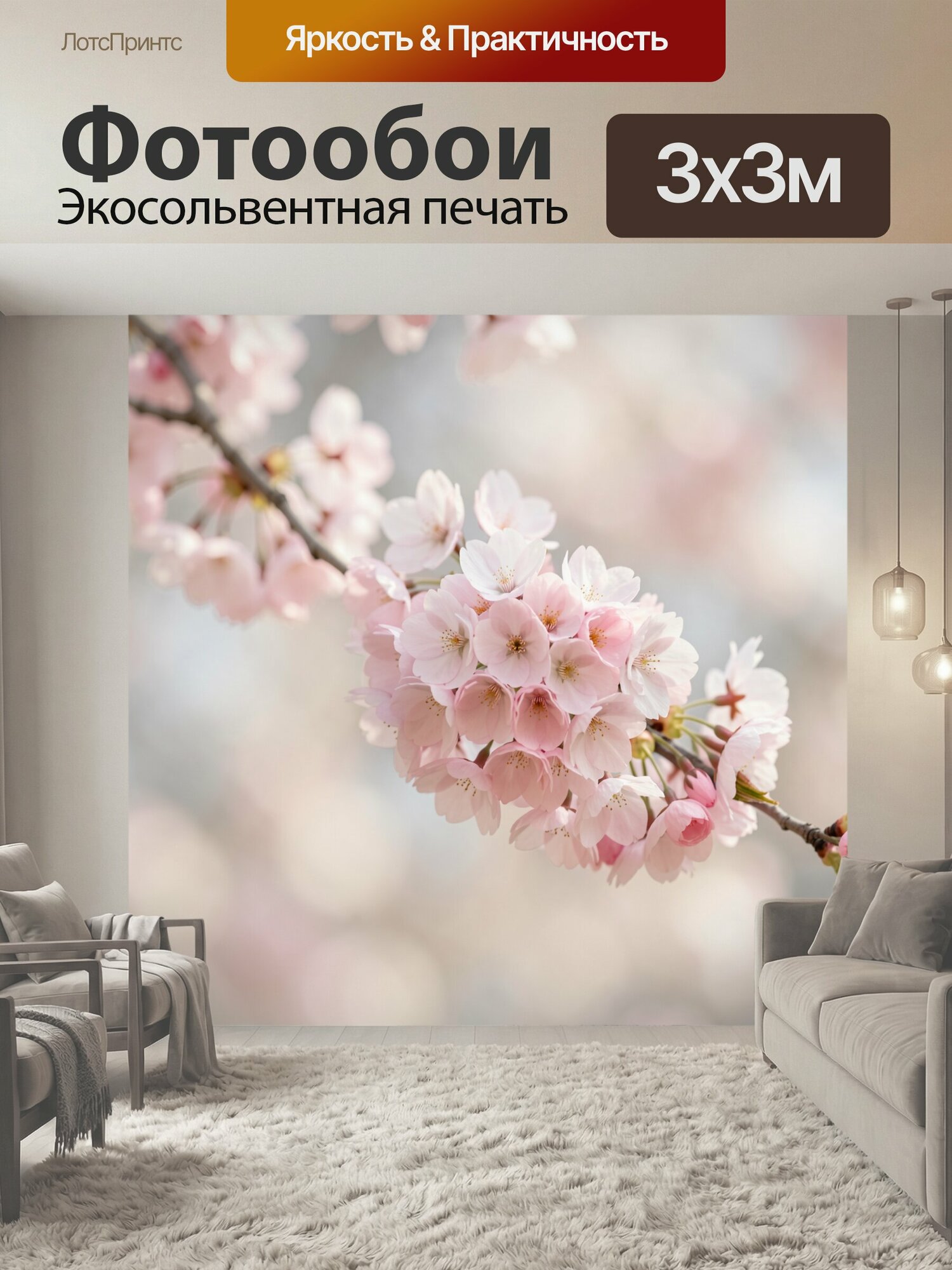Фотообои "Розовые цветы сакуры на ветке. Нежные весенние соцветия на тонкой ветви, мягкий размытый фон, пастельные розово-белые оттенки." 300x300 см. экосольвентная печать