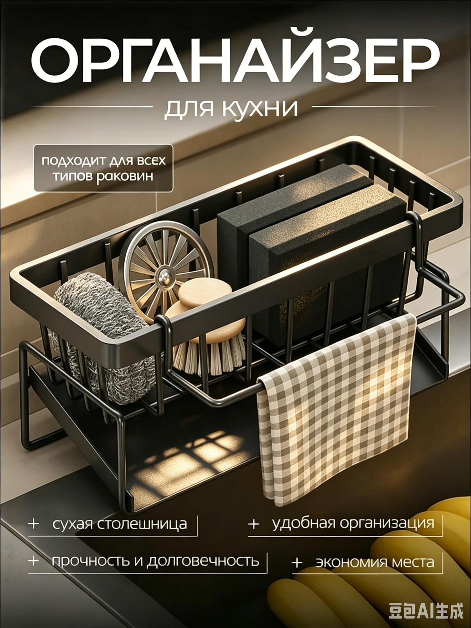 Органайзер кухонный, настольный, углеродистая сталь, черный, 23x9x11 см