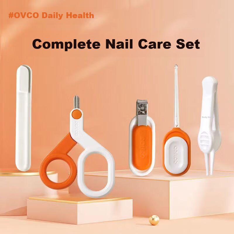 Rikang Baby Care Five-Piece Set： Baby Scissors, Nail Clippers, Ear Pick, Tweezers, And File RK-X4028 Orange And White