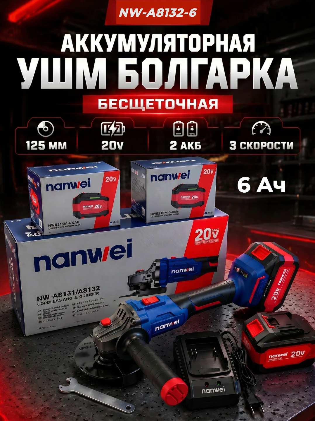 Аккумуляторная бесщеточная угловая шлифовальная машина болгарка Nanwei 125 мм, 20V, 6АЧ, с регулировкой, NW-A8132-6