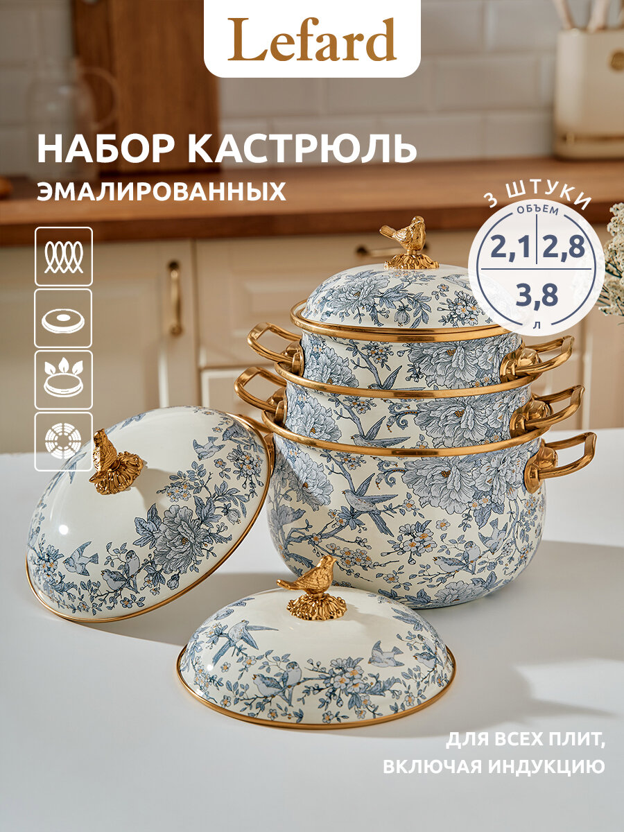 Набор кастрюль из эмалированной стали Lefard "Royal Garden" 2.1 л, 2.8 л, 3.8 л