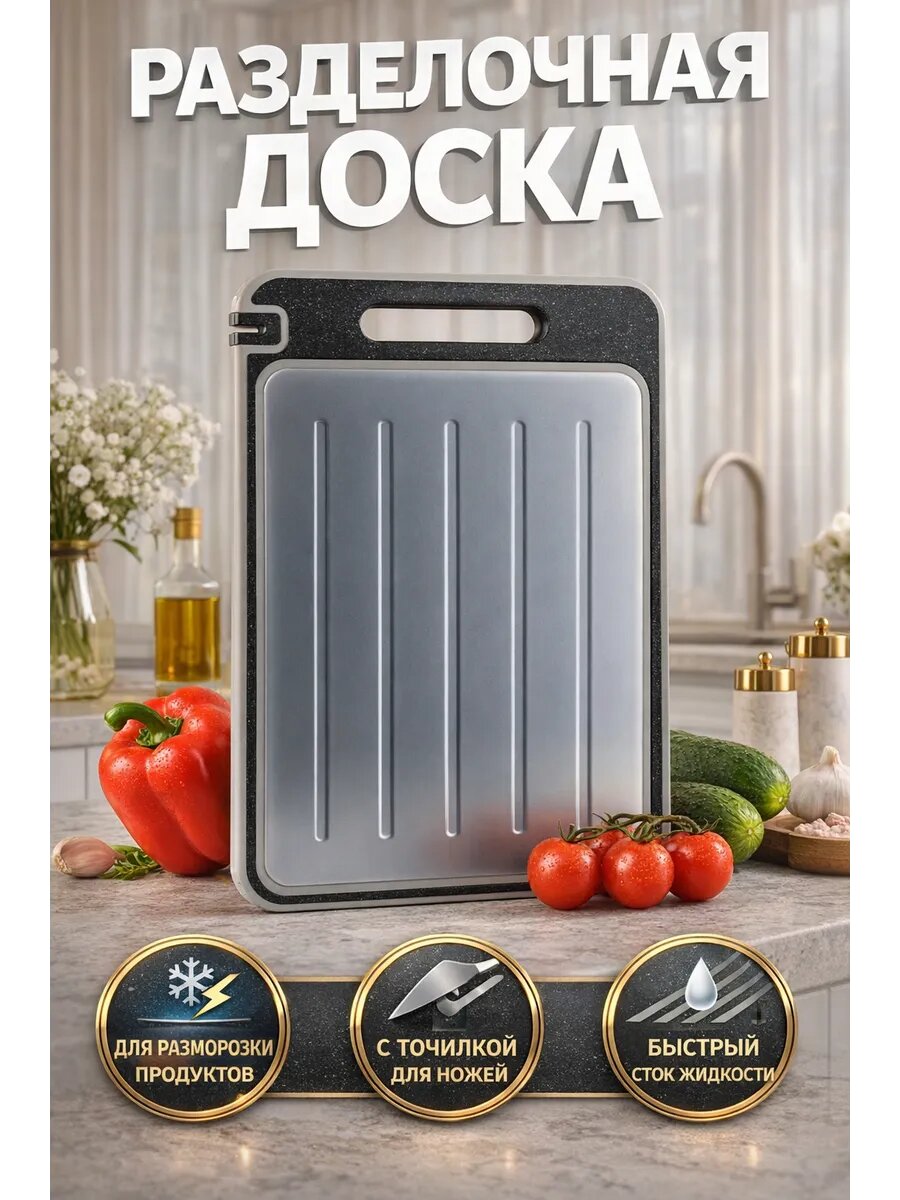 Доска для разморозки и разделки продуктов с точилкой для ножей Magistro, 3 в 1, 37,5×25,5×0,8 см, серебристая