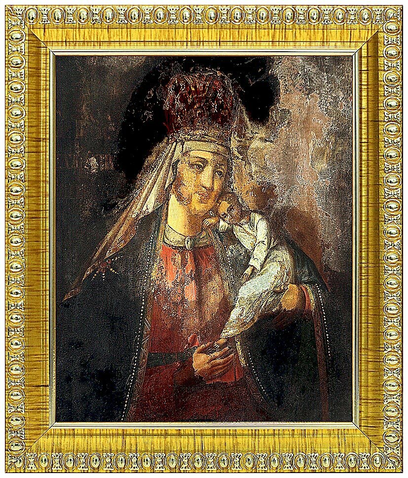 Икона Божией Матери "Избавление от бед страждущих" (лик № 141), в золотой пластиковой рамке 12,5*14,5 см