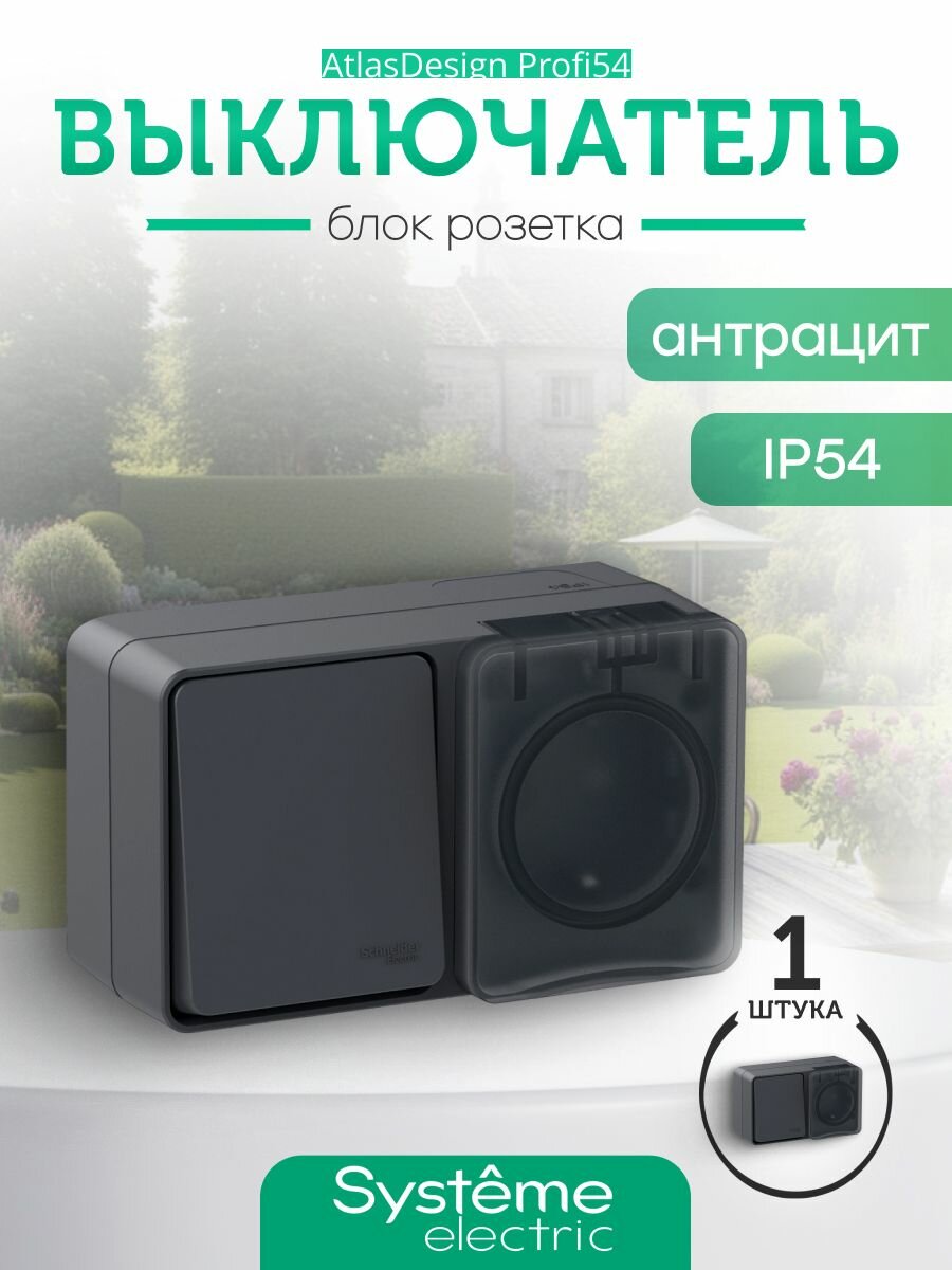 Розетка накладная с выключателем 1-клавишный 10А, с крышкой Schneider electric AtlasDesign ПРОФИ54 блок открытой установки: 16А 250B антрацит Россия ATN544070