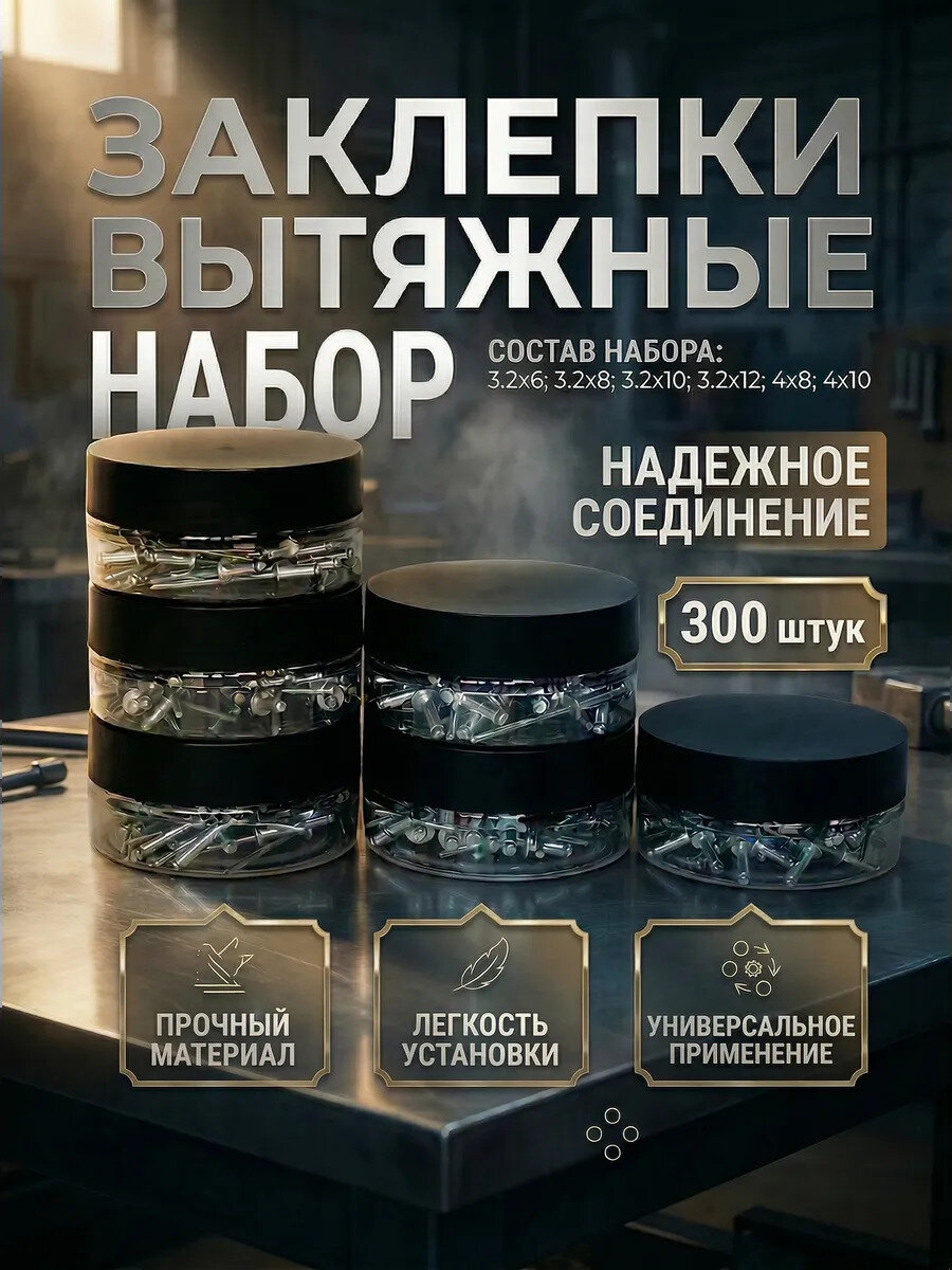 Заклепка 3.2х6,8,10,12, 4х8,10 вытяжная алюминий сталь 300шт