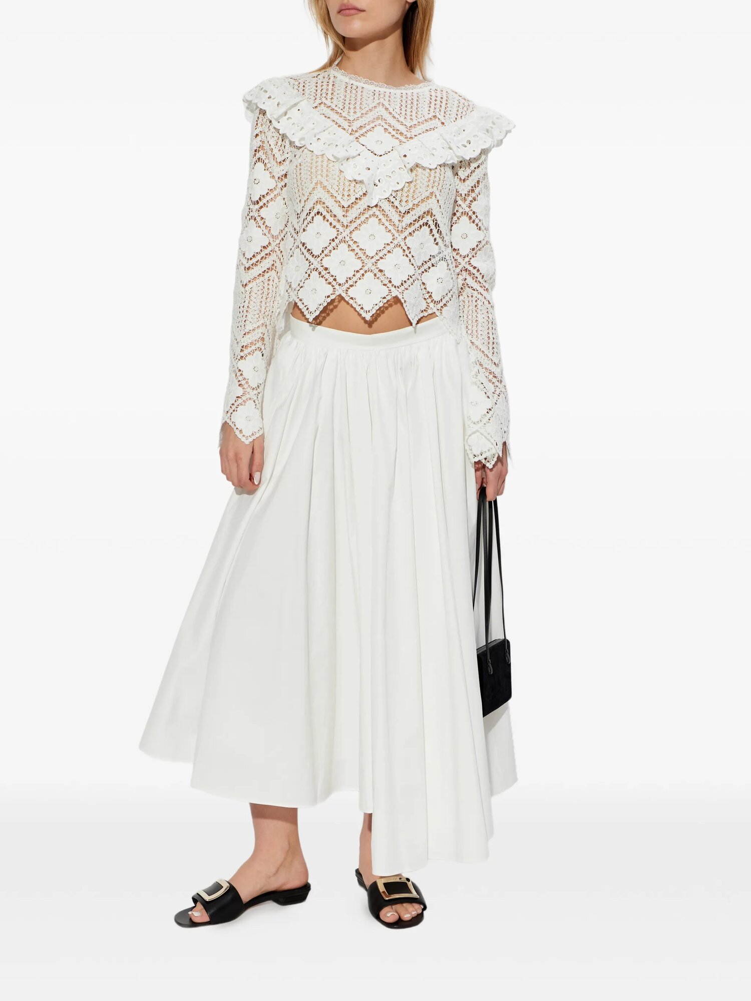 Топ Self-Portrait Guipure-lace ruffled top, размер 8, white — фото 1