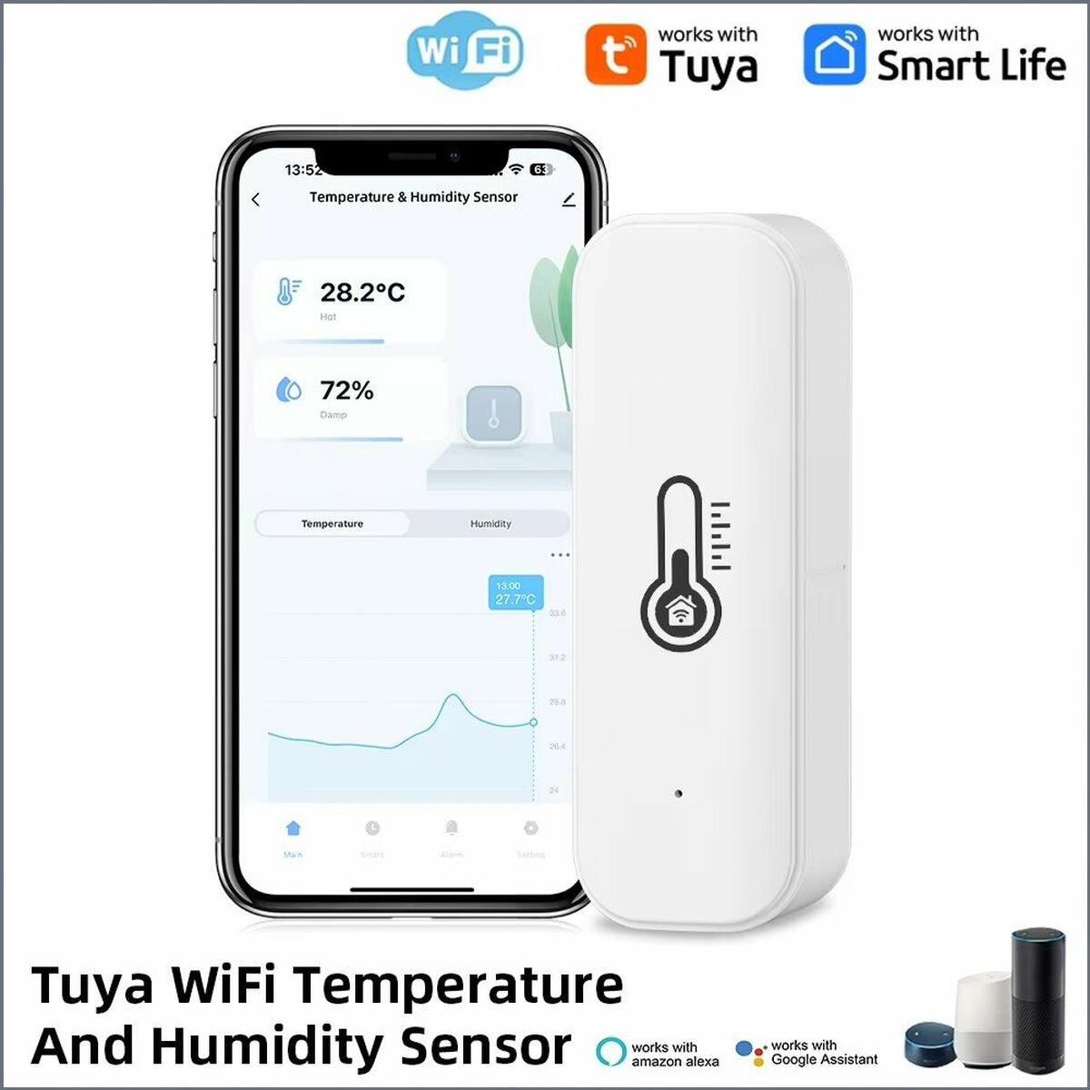 Датчик температуры и влажности Tuya WiFi Датчик влажности в помещении Аккумулятор питания Приложение для мониторинга Alexa Google Home Voice