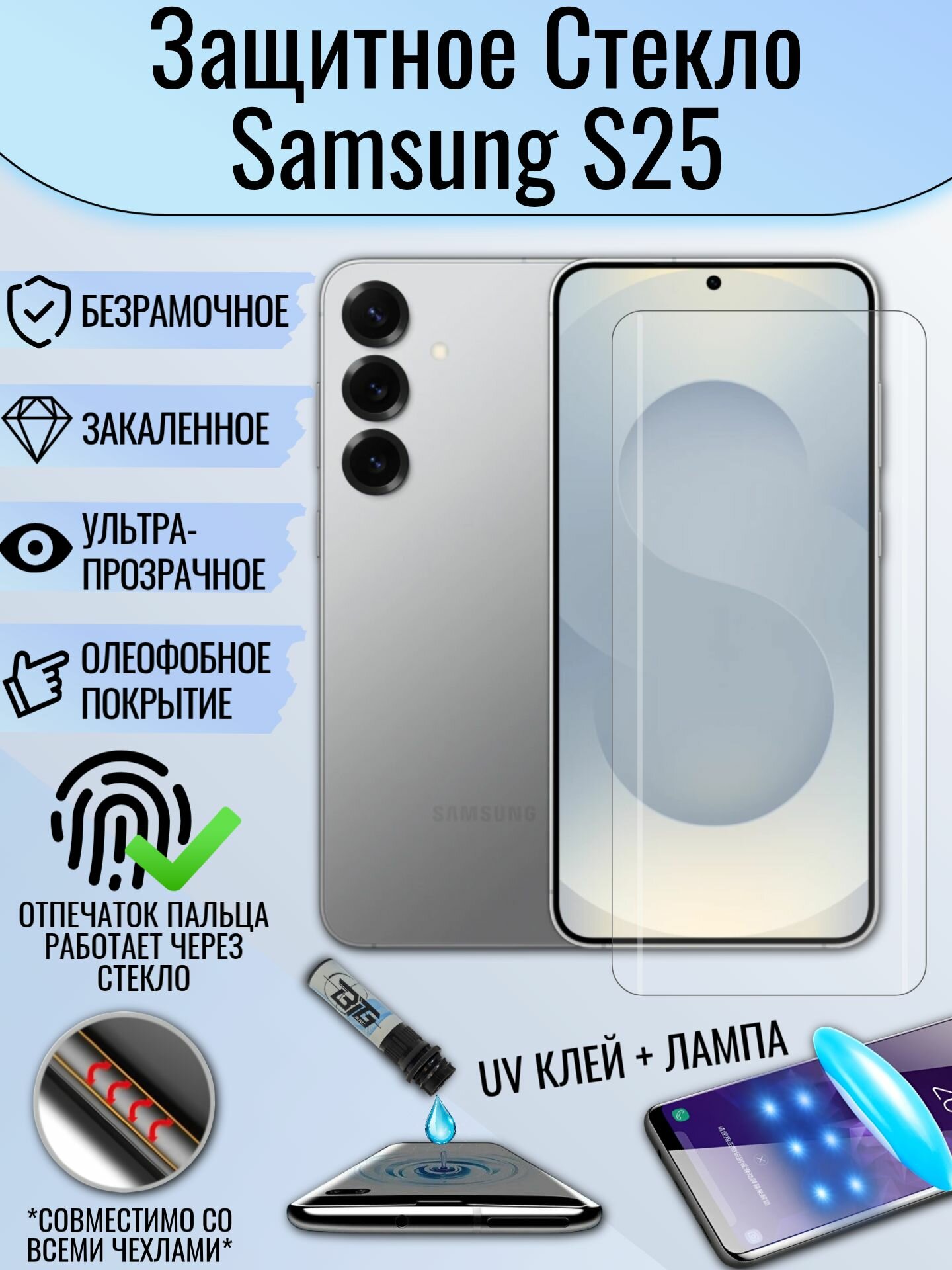 Защитное стекло Samsung S25 / самсунг s25 c UV УФ клеем и лампой