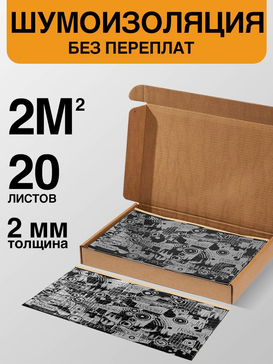 Шумоизоляция и виброизоляция для автомобиля Kalapie 2 мм 2 м2 / 20 листов 250*400 мм / Шумка для тюнинга салона пола и дверей машины комплект звукоизоляции: самоклеящаяся шумка для авто