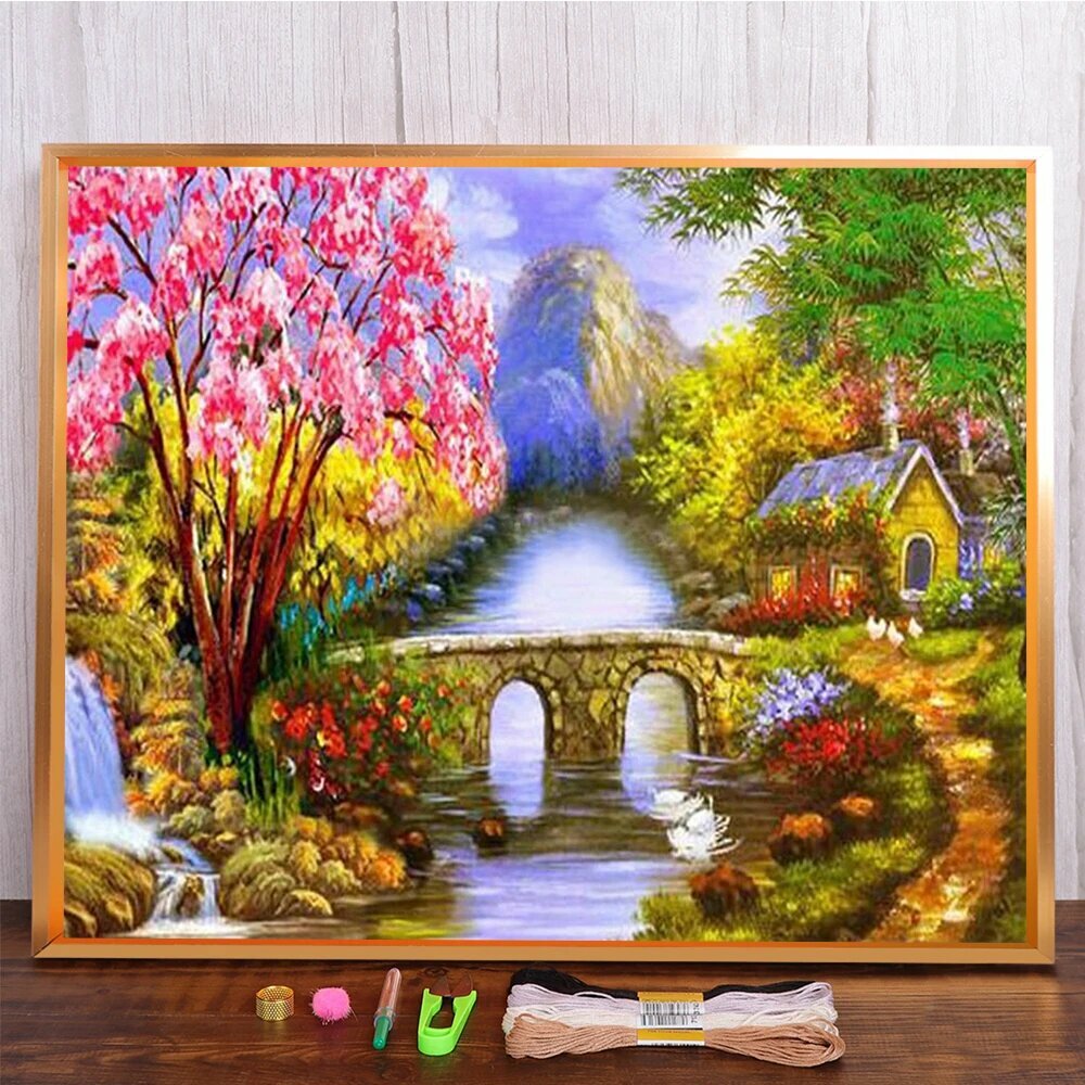 Комплект для вышивки крестом Meian, пейзаж Розовый, 30x40cm, HMA66329, 11CT Cotton Thread