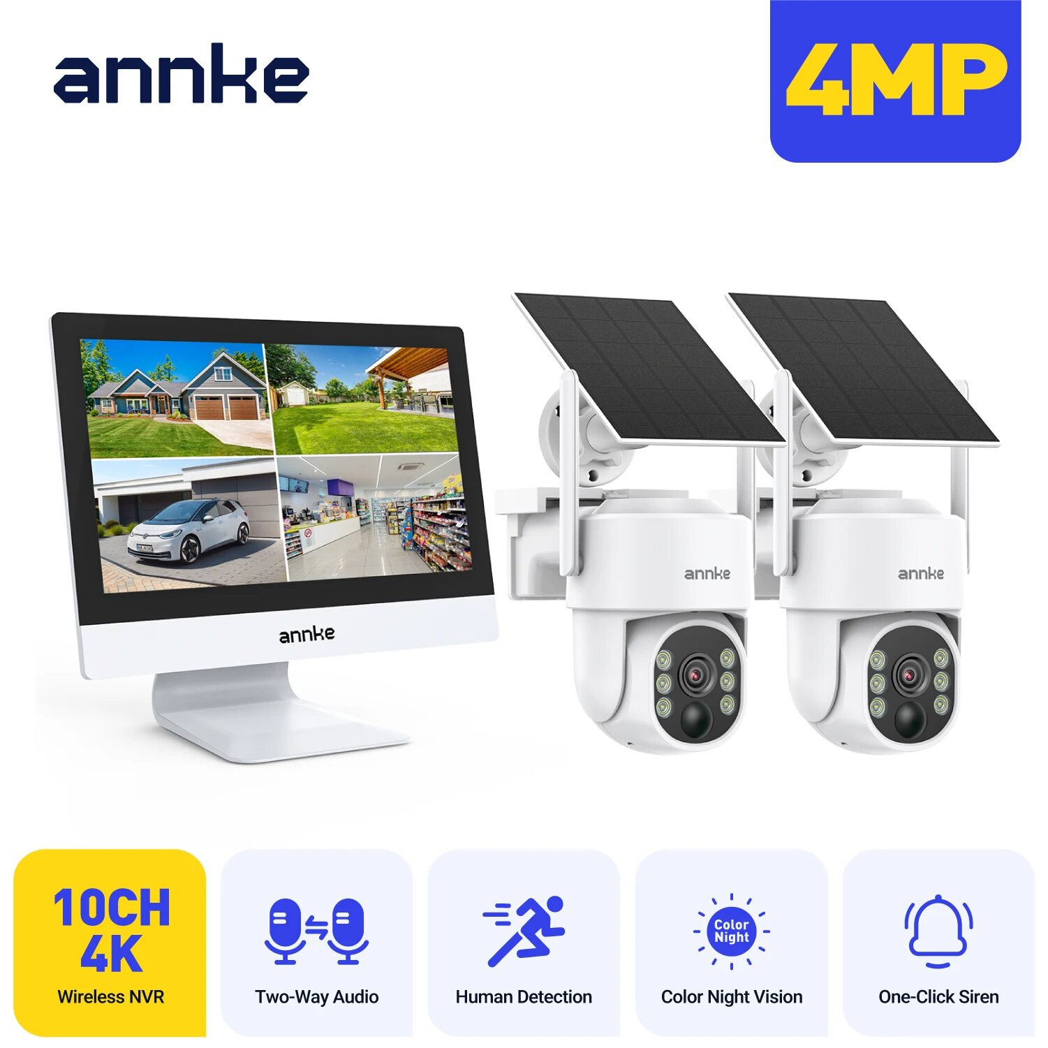 Камеры безопасности Annke 4MP с солнечной панелью, 10-канальный NVR, камеры безопасности Wi-Fi 5MP PTZ 2.4G 5.8G, камера с ИК-датчиком движения и цветным ночным видением, камера безопасности Wi-Fi
