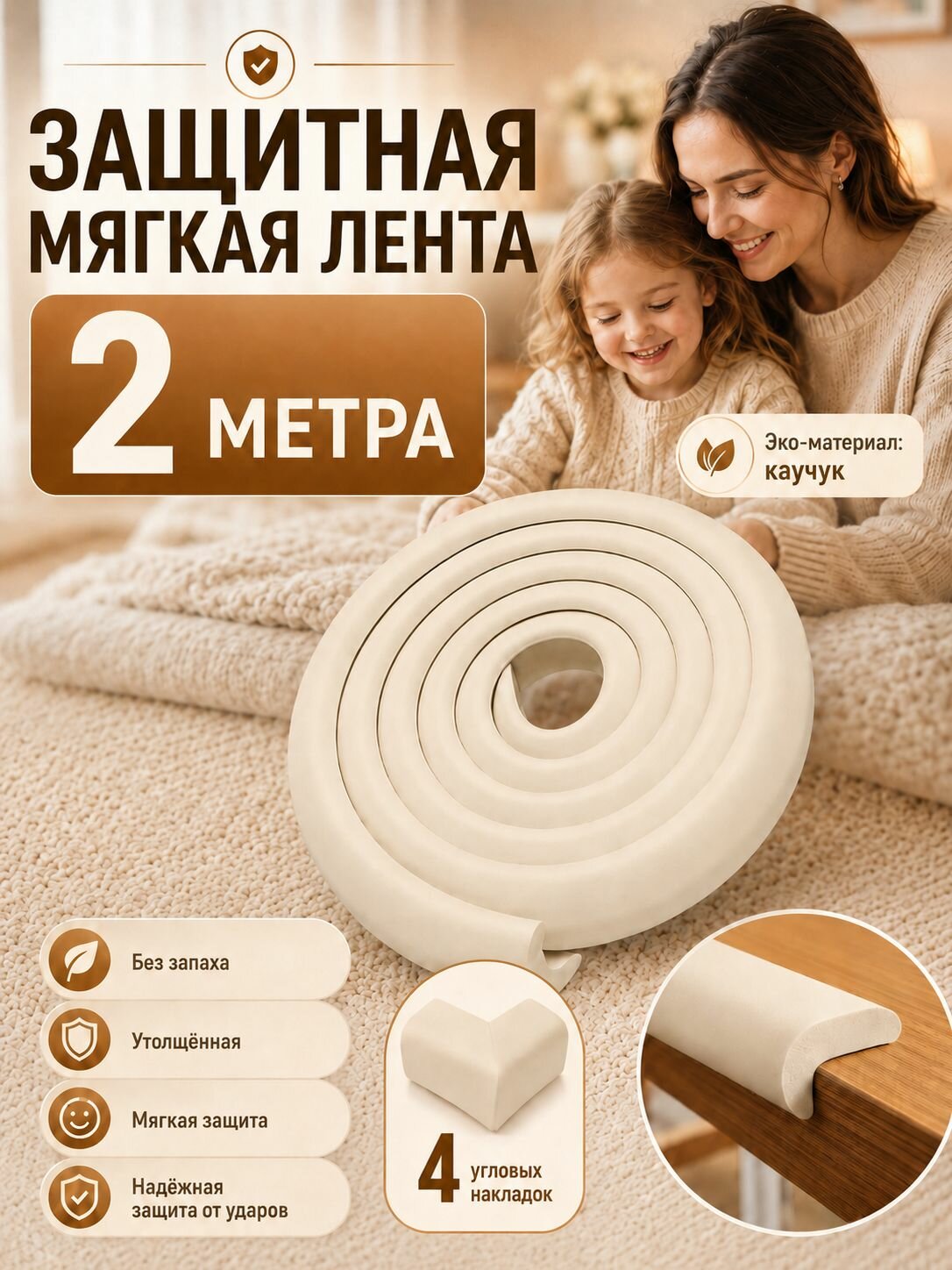 Мягкая защитная лента для безопасности ребенка 2м. Накладка на углы мебели и стен. Безопасность ребенка от ударов и падений.