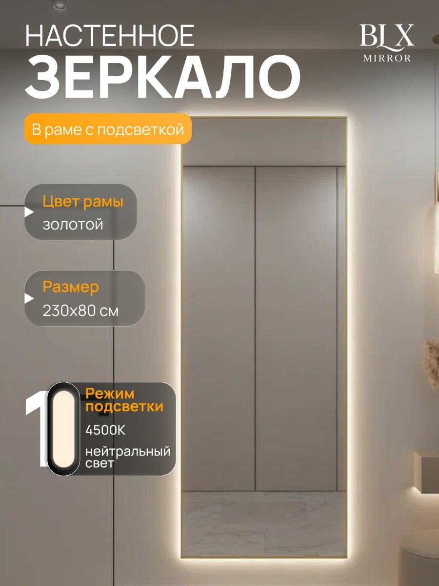Зеркало настенное 230х80 см золото с подсветкой Свет: Нейтральный белый 4500К В алюминиевой раме интерьерное BLX MIRROR