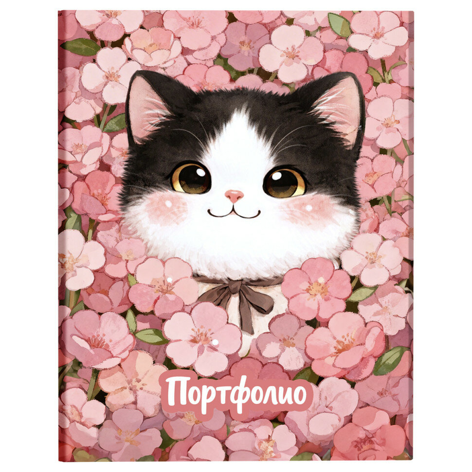 Папка-портфолио 7БЦ А4 BG, на 4 кольцах, для школьницы "Котёнок в цветах", 20 файлов, 391686
