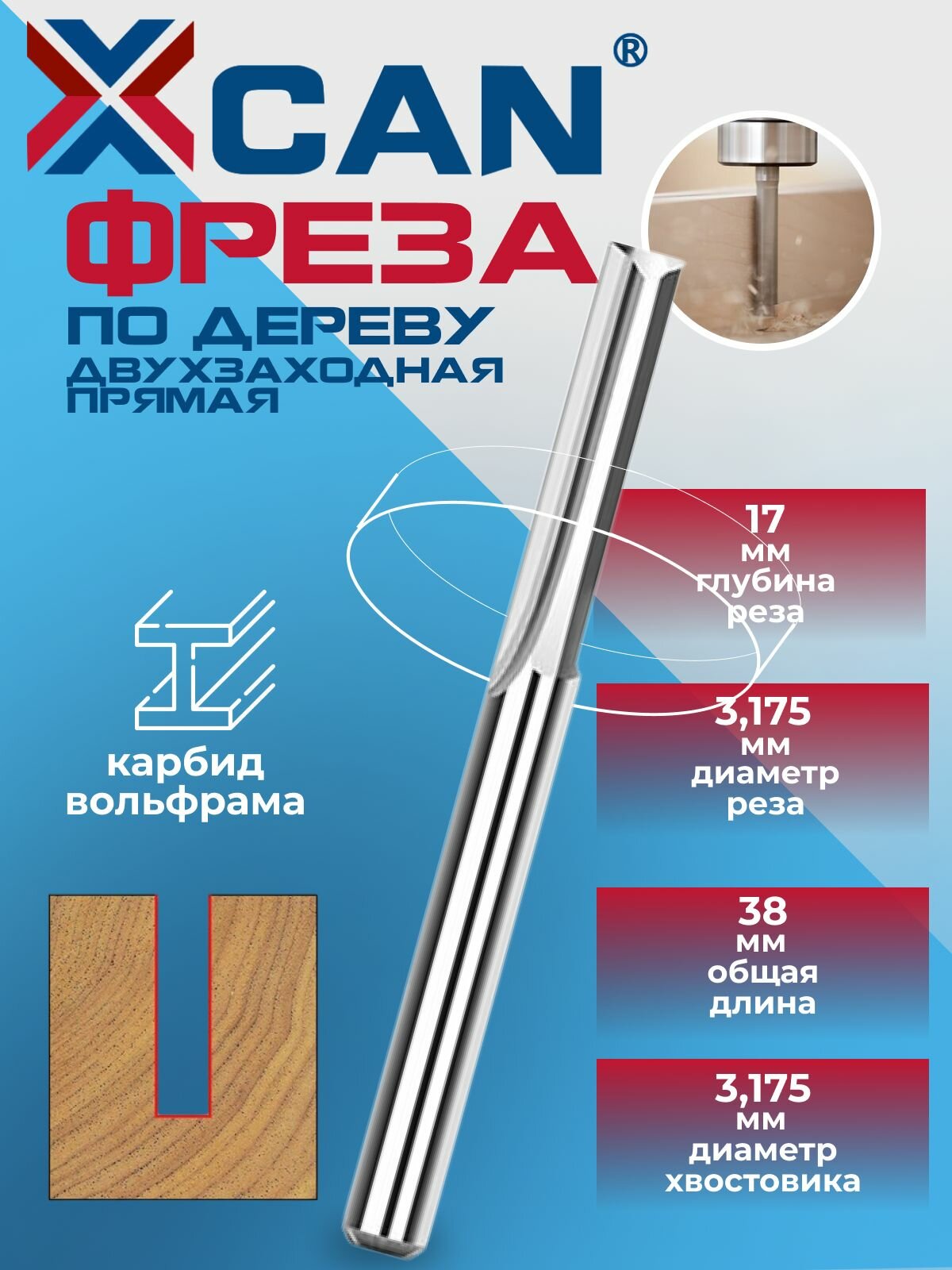 Прямой фрезерный нож, двухлезвийный, 3,175 × 17 × 38 мм, серебристый