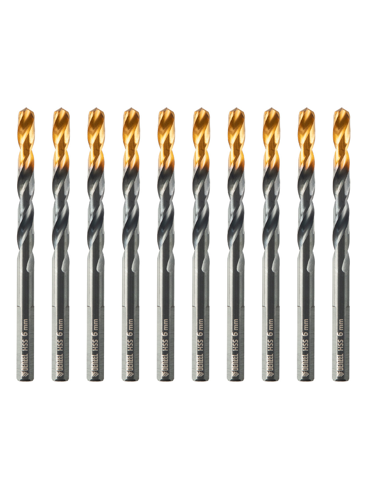 Сверло по металлу Denzel Golden Tip, 6 мм, 10 шт, 3-гр. хвостовик, сталь HSS-Tin, пониженный коэффициент трения, 717215
