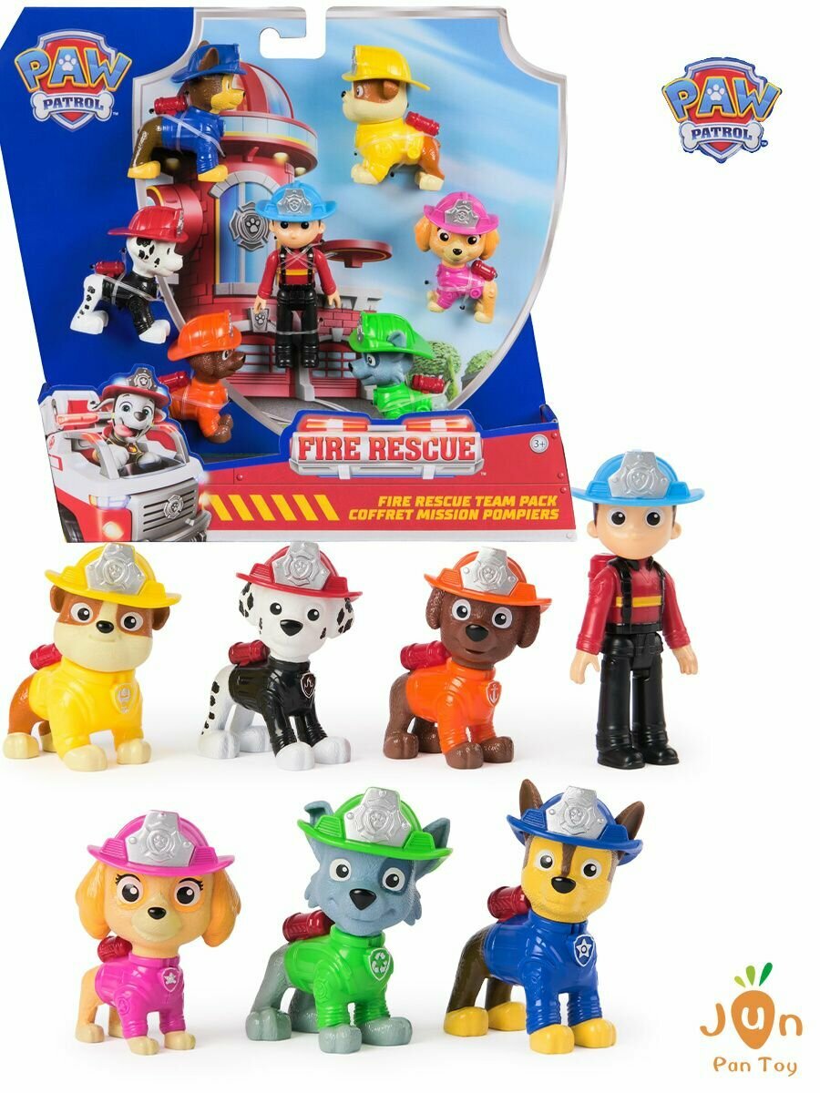 Щенячий патруль PAW Patrol Fire Rescue Team Pack / В набор входит одна шарнирная фигурка человека и шесть собак в пожарной экипировке. Отличный вариант подарка на день рождения для детей.