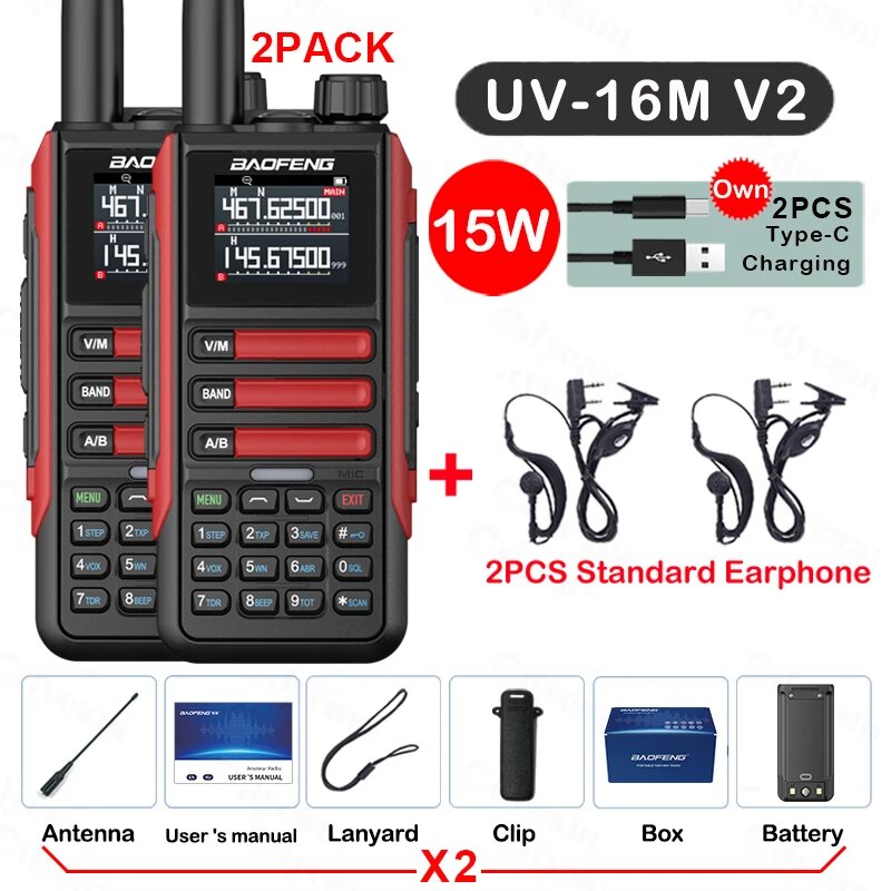 2 штуки BaoFeng UV16M 15W V2 Длинномарочный рация Авиационный диапазон Беспроводное копирование частоты АМРadio Портативная Рация с зарядкой Type-C Двусторонняя рация