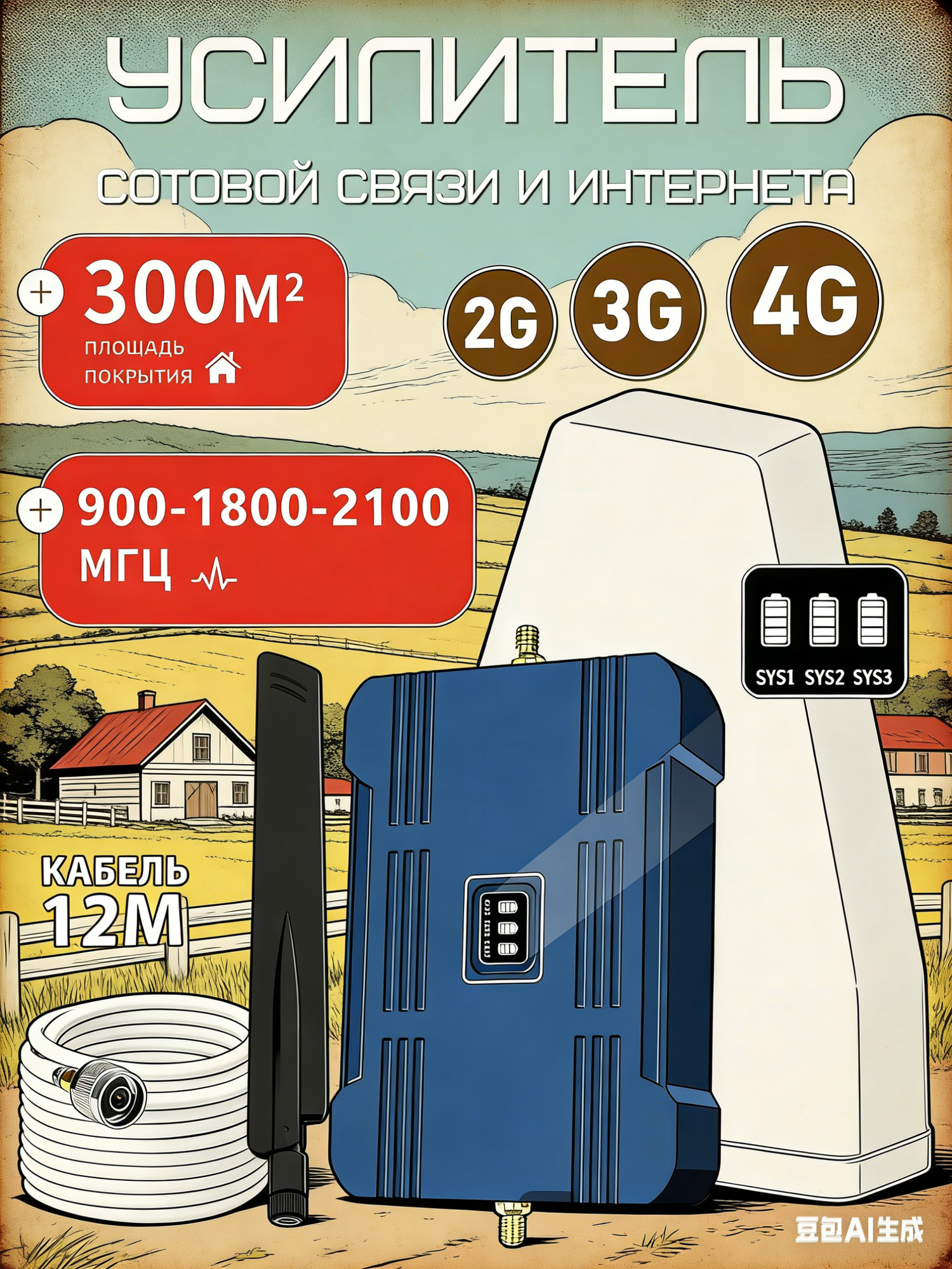 Усилитель сотовой связи 900/1800/2100 МГц (2G/3G/4G): до 70 км, направленный, синий, 1.3 кг