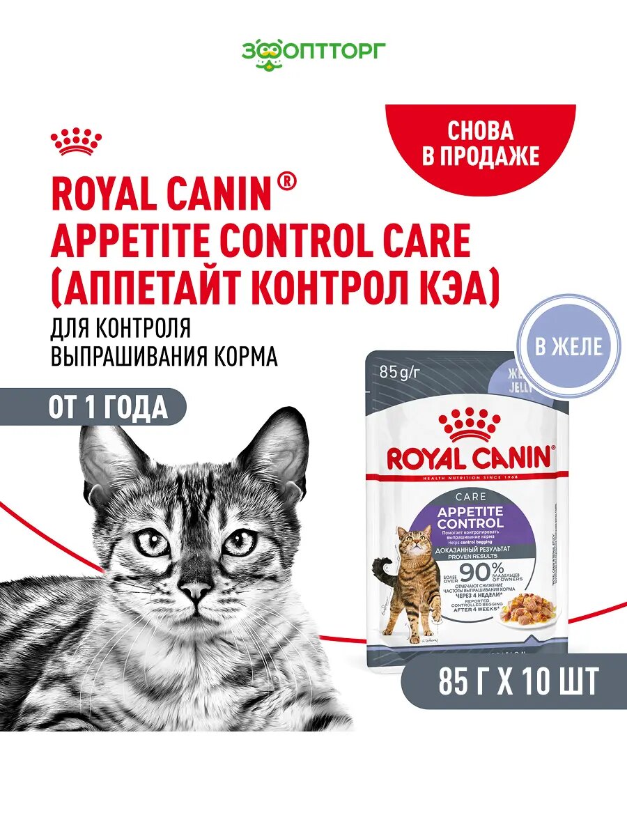 Влажный корм Royal Canin Appetite Control Care пауч для кошек, склонных к выпрашиванию еды (в желе) Птица, 85 г х 10 шт.
