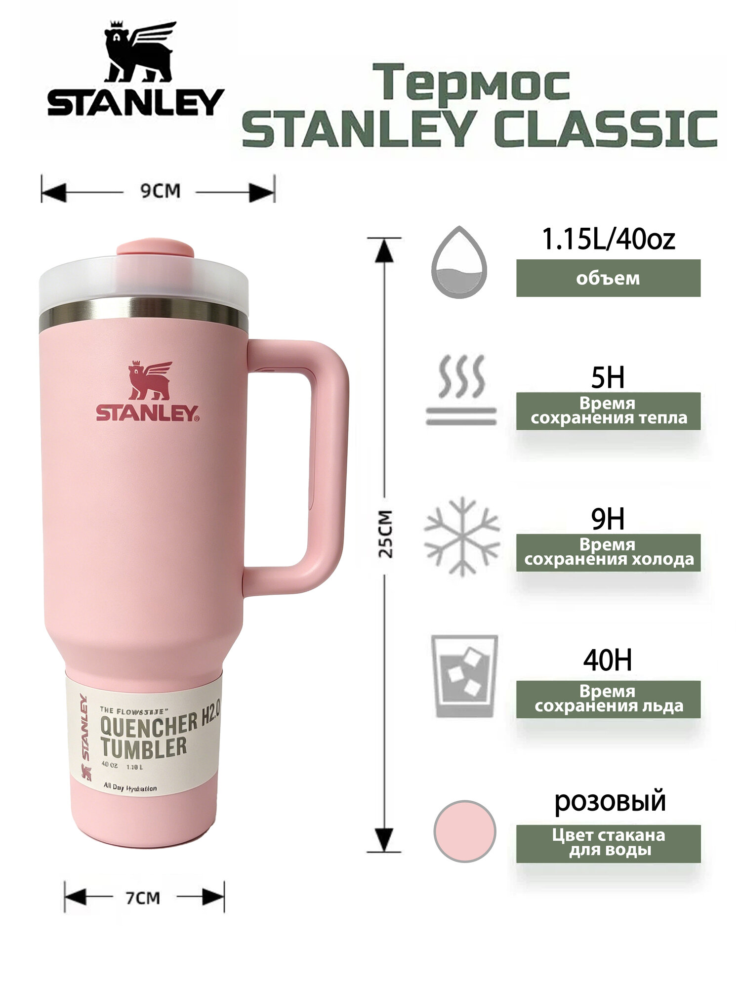 Термокружка из нержавеющей стали для холодных и горячих напитков, Stanley 1.18л, розовый