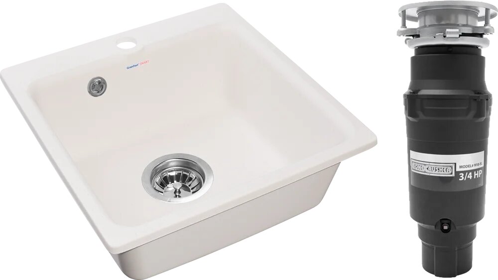 Комплект Мойка GranFest Smart SM 430 43x43, белая, искусственный мрамор / Измельчитель Bone Crusher BC 910-SL-Slim Line электрический, нержавеющая сталь