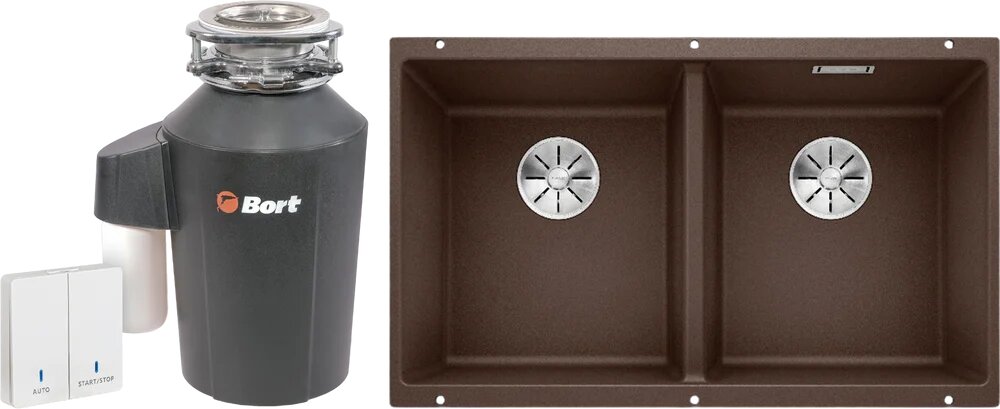 Комплект Мойка Blanco Subline 350/350-U 75x46, кофе, искусственный гранит / Измельчитель Bort Alligator Green электрический, нержавеющая сталь
