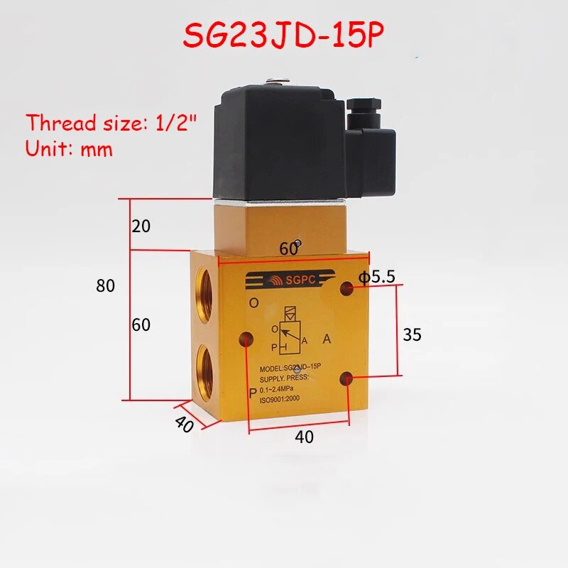 Пневматический клапан SG23JD-15P, DC24V, 3/2