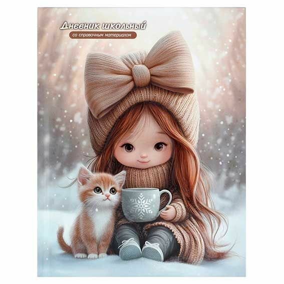 Дневник для 1-11 классов феникс твёрдая обложка "Девочка с котёнком и кофе" 72731 выборочный УФ-лак, матовая ламинированная