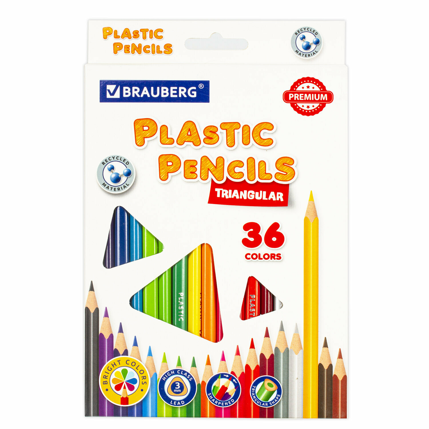 Карандаши цветные Brauberg пластиковые, Premium, 36 цветов, трехгранные, грифель мягкий, 3 мм (181664)