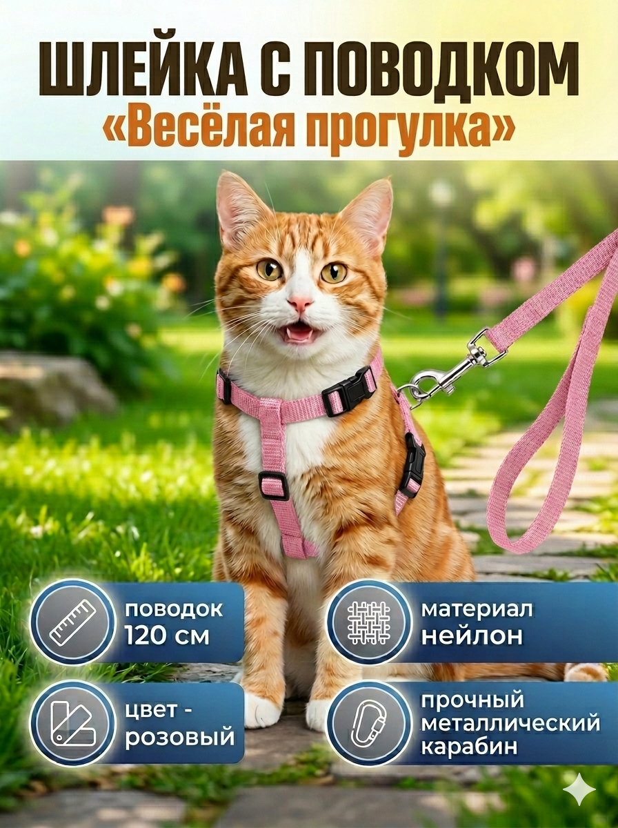 Шлейка с поводком для кошки «Веселая прогулка» 120 см, нейлон, светло-розовая