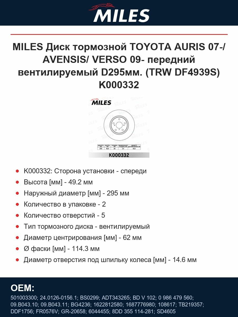MILES Диск тормозной TOYOTA AURIS 07-/ AVENSIS/ VERSO 09- передний вентилируемый D295мм. (TRW DF4939S) K000332