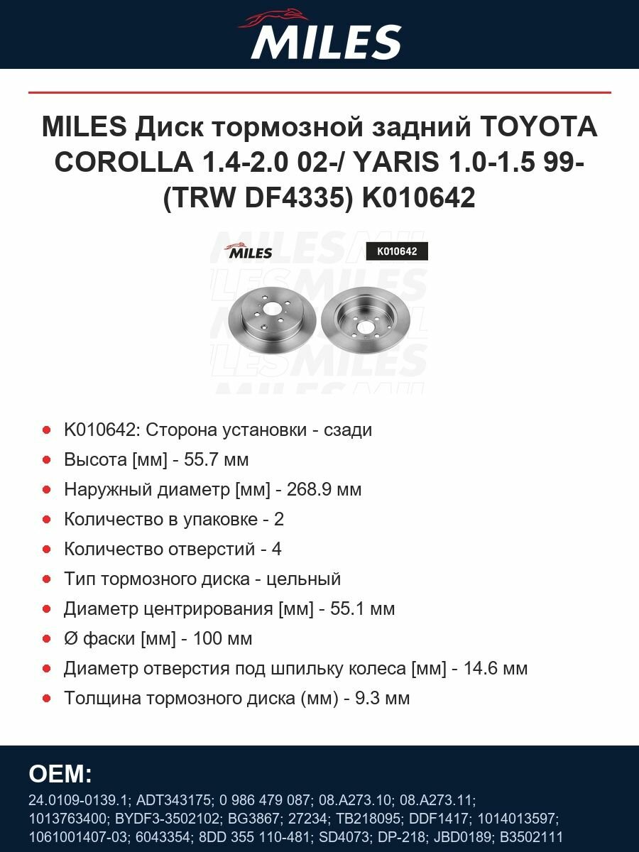 MILES Диск тормозной задний TOYOTA COROLLA 1.4-2.0 02-/ YARIS 1.0-1.5 99- (TRW DF4335) K010642