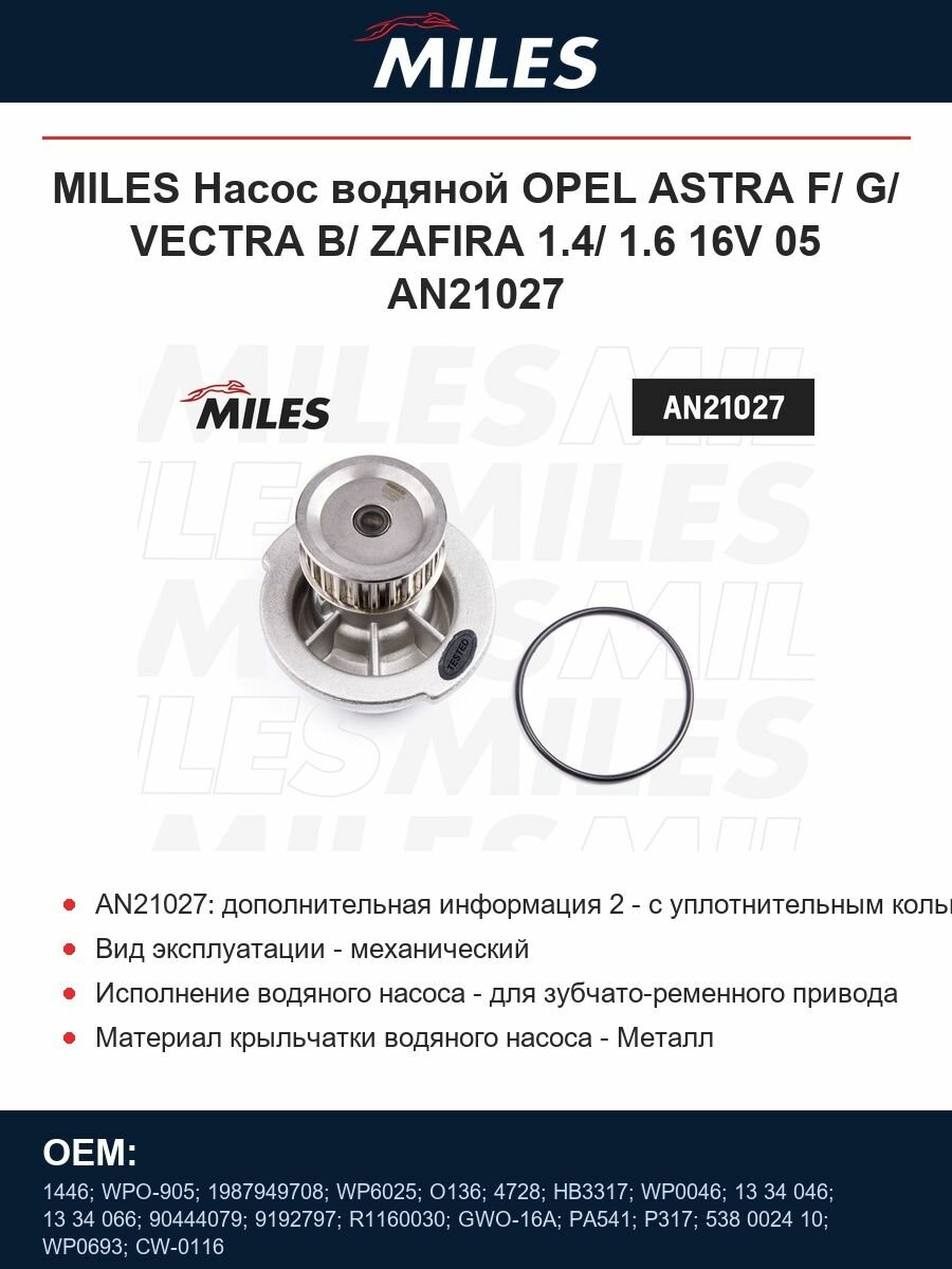 MILES Насос водяной OPEL ASTRA F/ G/ VECTRA B/ ZAFIRA 1.4/ 1.6 16V 05 AN21027
