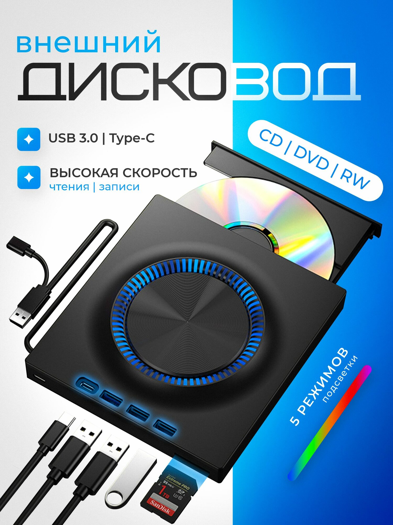 Внешний дисковод для ноутбука оптический привод компьютера USB 3.0 CD-RW DVD-R