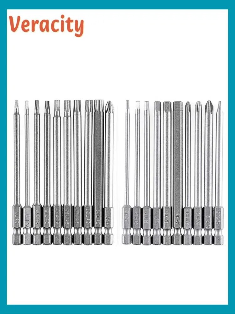 Набор длинных бит, набор магнитных 20 шт. 100 мм, биты Torx T8-T40, шестигранные H2-H6, PH1 PH2, PZ2, со шлицами, шестигранник 1/4 дюйма