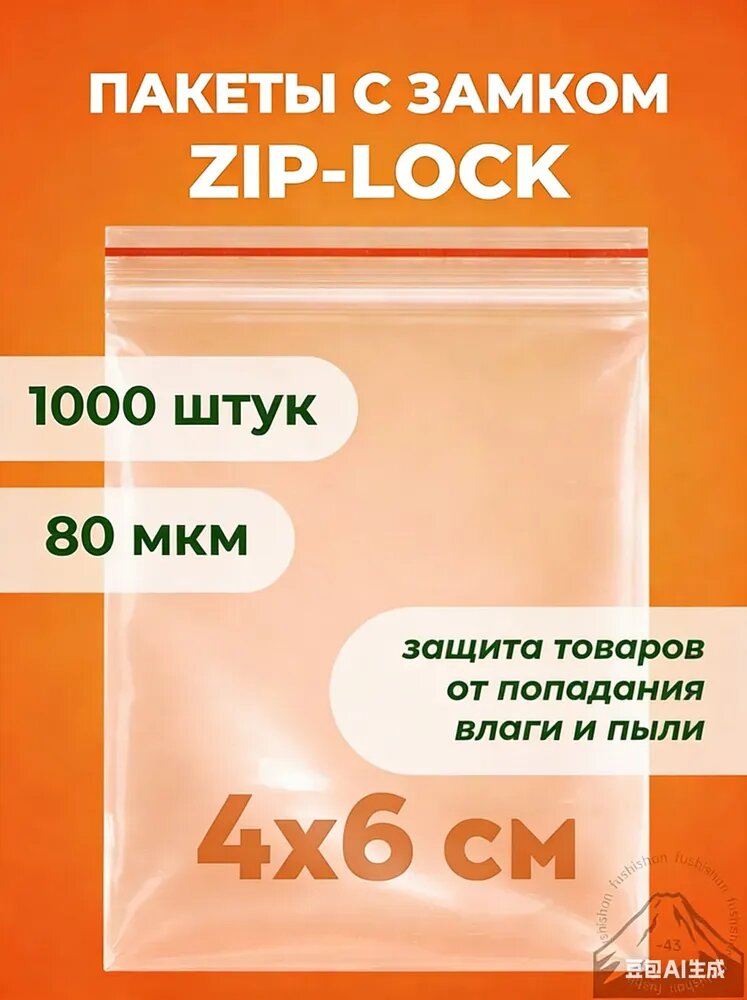 Зип пакет с бегунком, 4х6 см, 1000 шт, 80 мкм, полиэтилен, прозрачный
