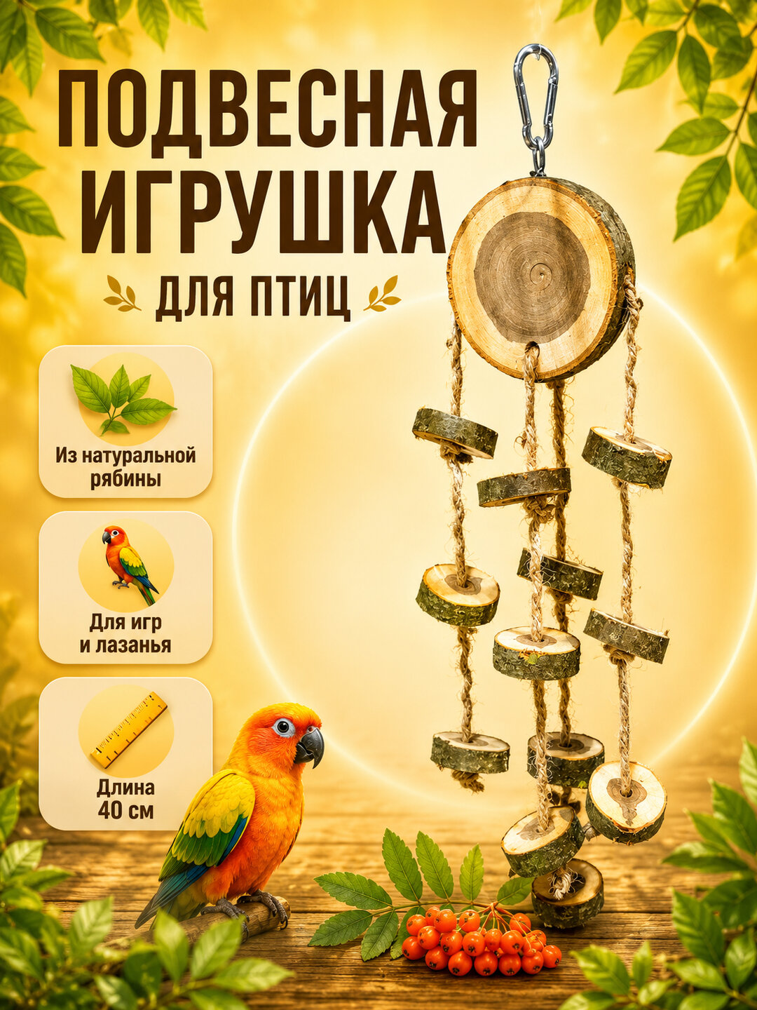 Игрушка для птиц "Рябина", дерево, ручная работа, авторская, 12шт