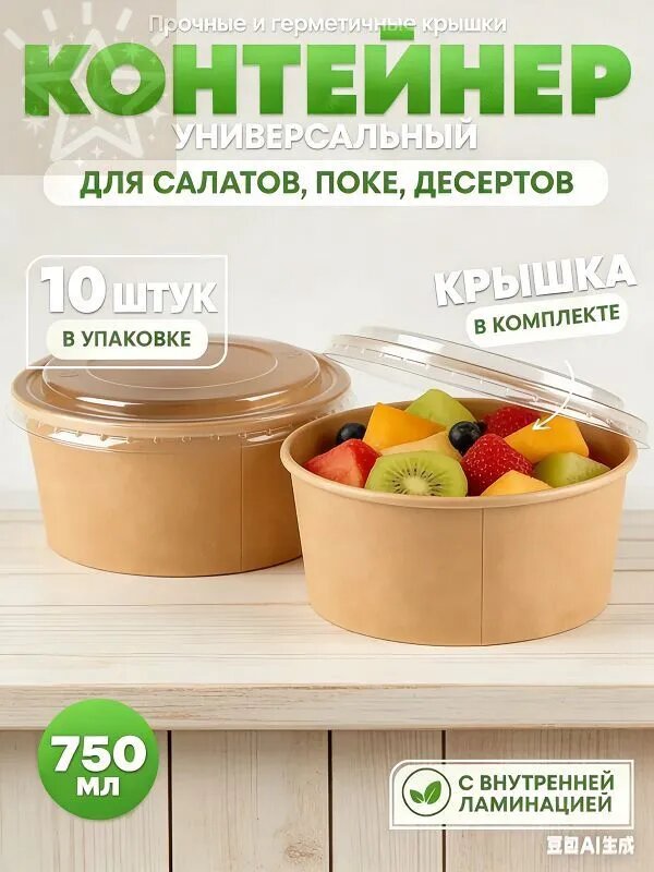 Контейнеры для поке боула 750 мл, 10 штук, бумажные с крышкой, для суши, салатов и готовых блюд