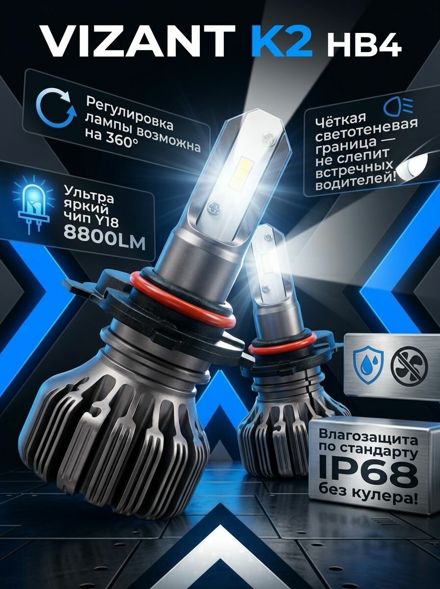 Светодиодные лампы Vizant K2 цоколь HB4 9006 с чипом CSP Y18 4400lm 5000k
