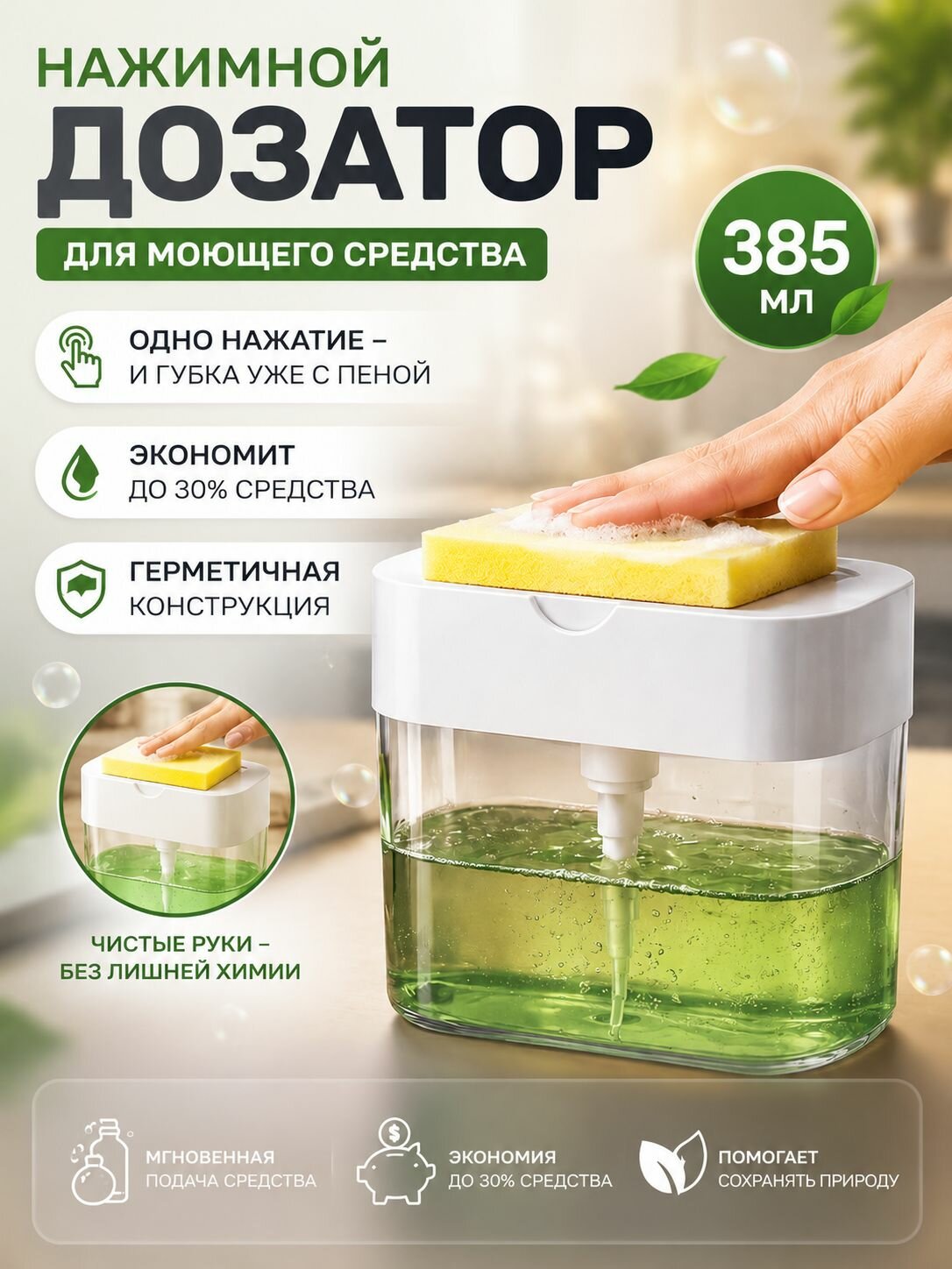 Дозатор для мытья посуды, кухонный, с губкой, объём 385мл, белый